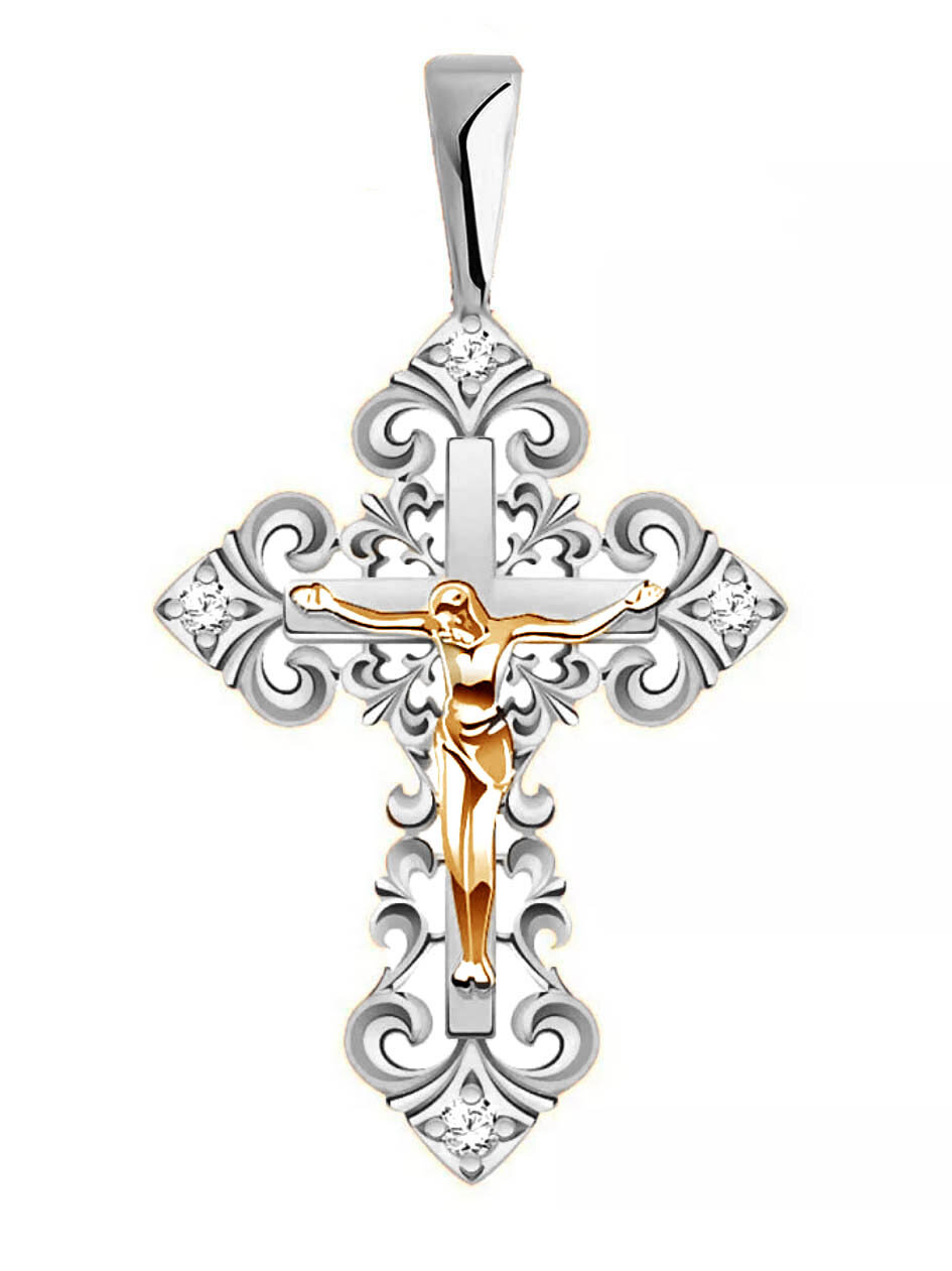 Крестик, серебро, 925 проба, золочение, родирование, фианит