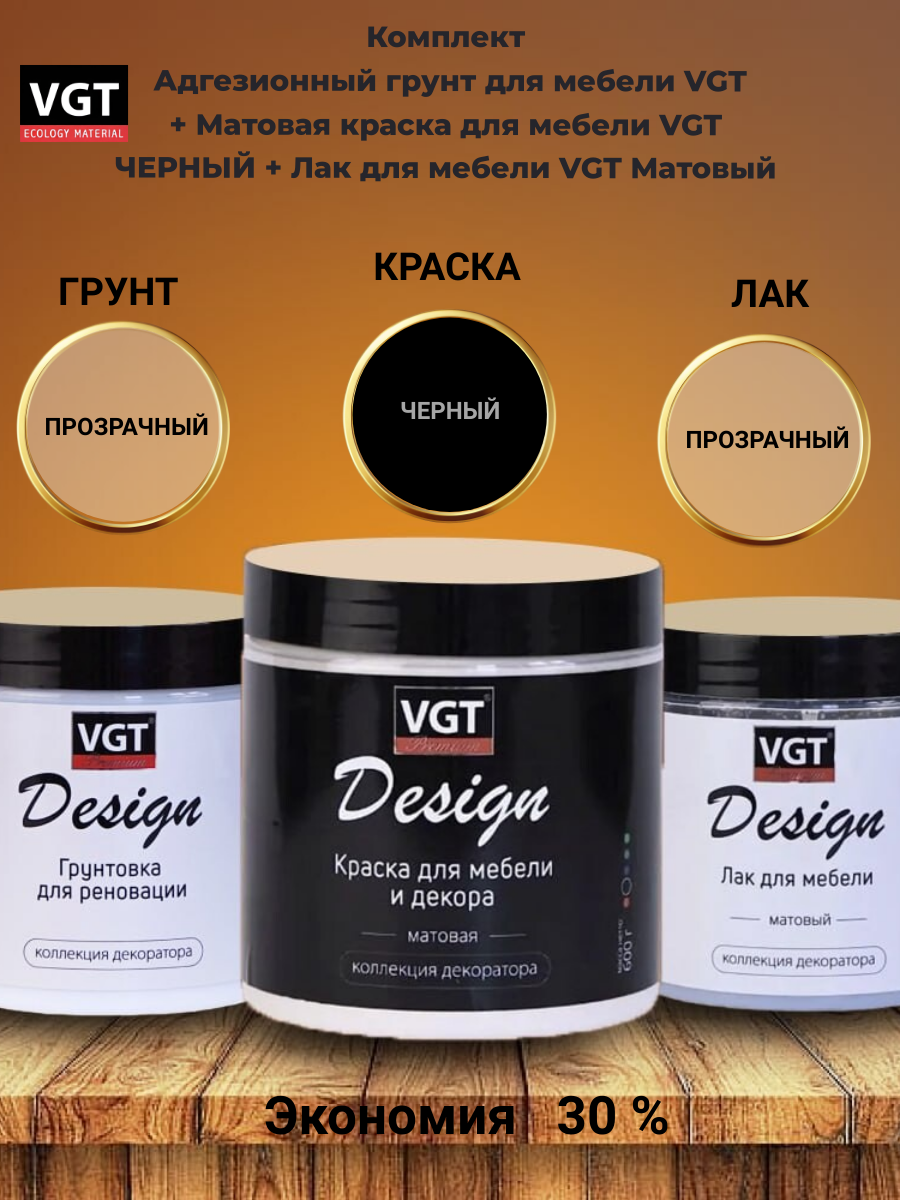 Комплект Адгезионный грунт для мебели VGT + Матовая краска для мебели VGT чёрный + Лак для мебели VGT Матовый