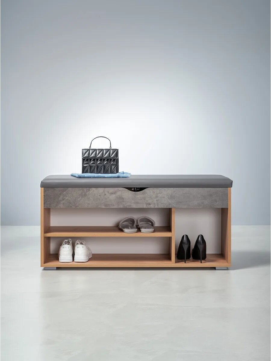 Обувница Лайт 08.58 Дуб Золотой CRAFT, Камень Темный с сиденьем и ящиком, пуфик с полками для обуви, низкая подставка под обувь в прихожую