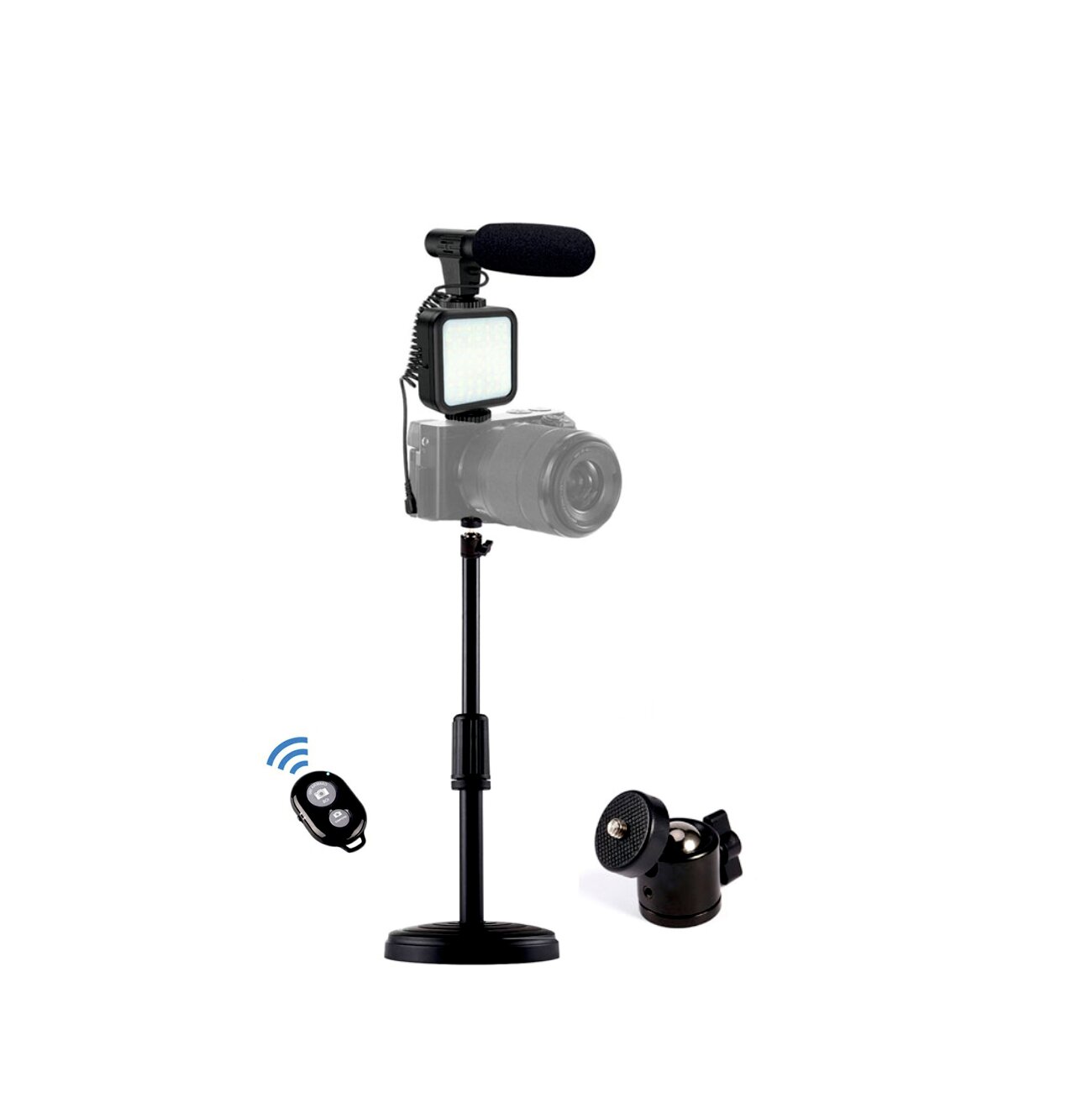 Микрофон пушка Kit-05LM с led подсветкой на аккумуляторе, держателем телефона и пультом Bluetooth на настольной стойке CXP-027