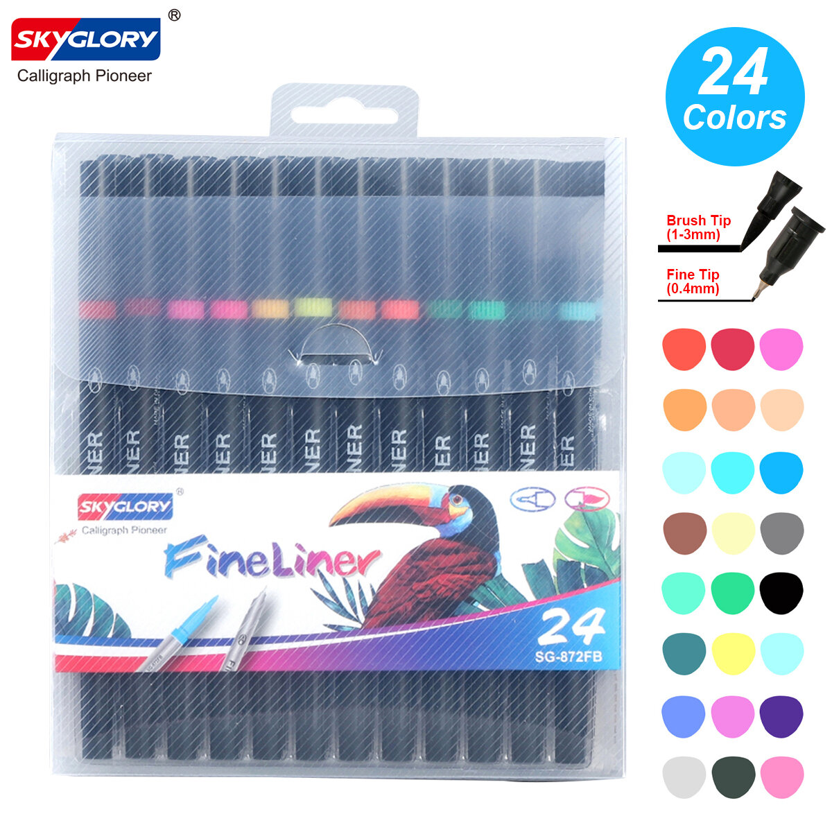 SKYGLORY 24 Colors Dual Tip Brush Pens с 0.4mm Fineliner и Fiber Brush Tip, маркеры с водной краской, для детей, студентов, взрослых, рисование, раскраска, эскизы, каллиграфия, набор из 24 цветов, 166mm длина, 6g вес, PP материал, упаковка 17.5*15.8*2.5cm