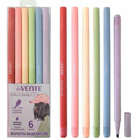 Набор текстовыделителей deVENTE Mentality, 6 цветов, скошенные 1-3 мм, четырёхгранный корпус