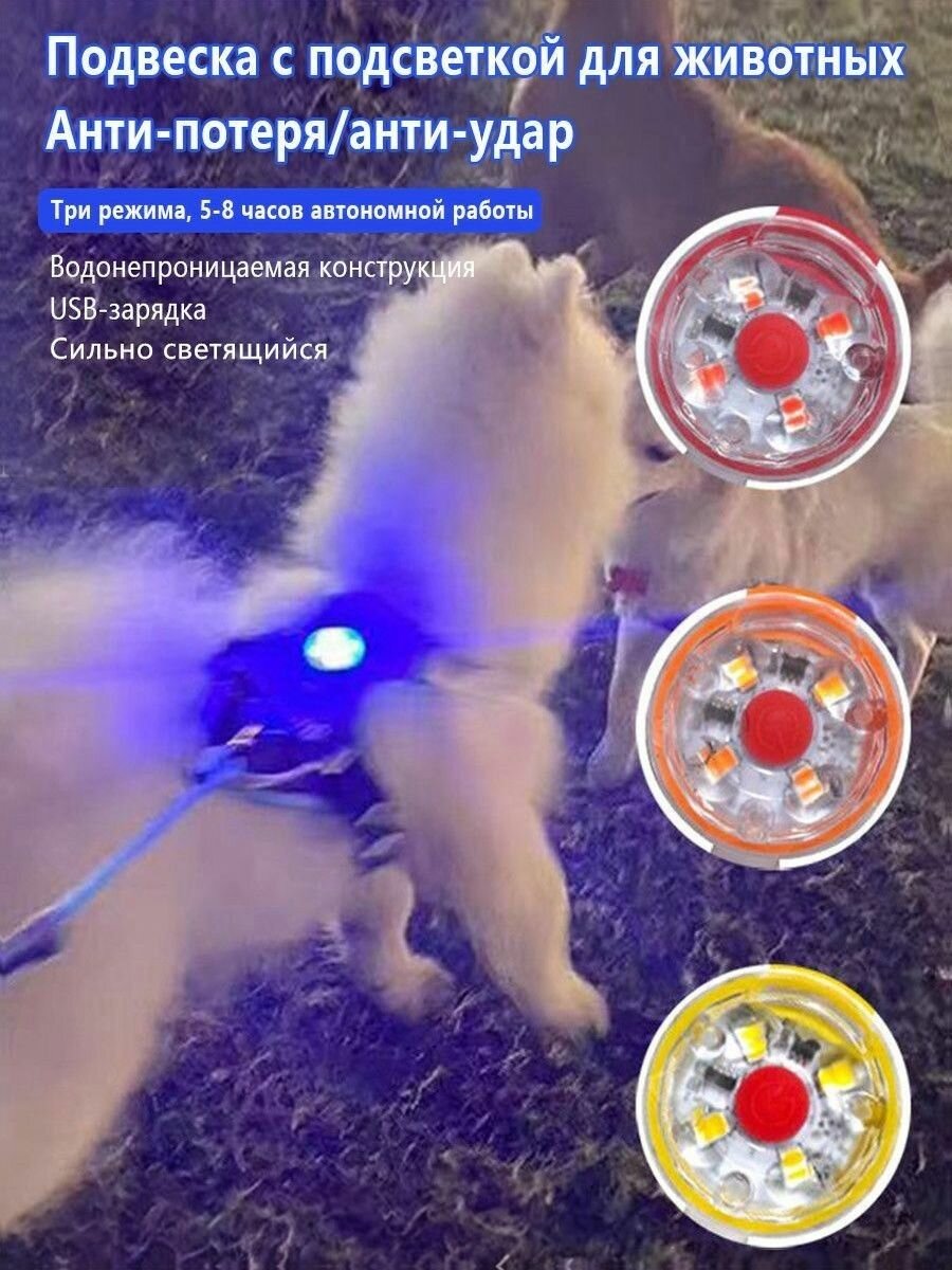 Светящийся брелок на ошейник для собак, светодиодный LED фонарик micro USB / Блинкер