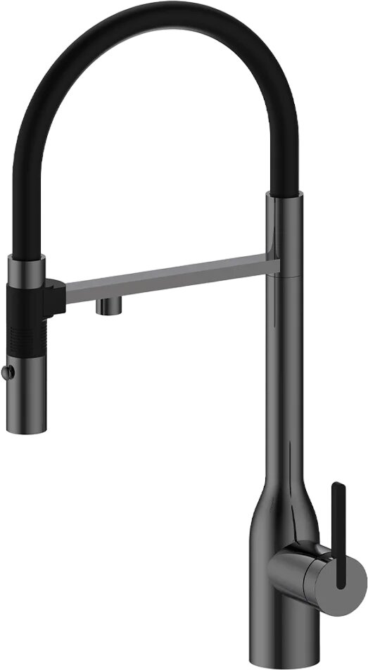 Смеситель для кухни Paulmark Magneto One Ma213188-GM с гибким изливом, с краном для питьевой воды, с поворотным изливом, черный, матовый, однорычажный, с керамическим картриджем