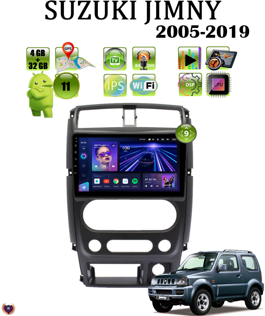 Автомагнитола для Suzuki Jimny/Сузуки Джимни (2005-2019), Android 11, 4/32 Gb, Wi-Fi, Bluetooth, CarPlay, GPS, поддержка кнопок на руле