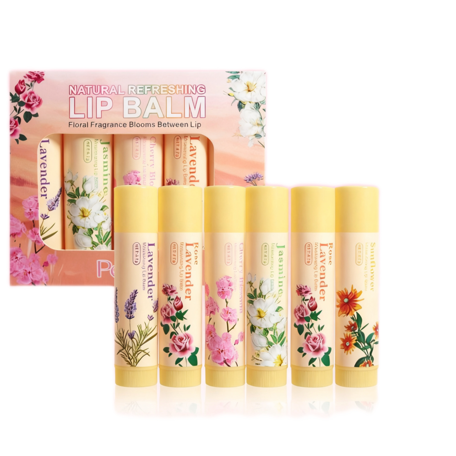 Набор для ухода за губ Flower Language Series, 5 шт, бальзам для губ с ароматом розы, хризантемы, лаванды, увлажняющий, маска для губ, объем 4.7г*5, размер контейнера 7*1.6см, вес контейнера 11г, размер упаковки 8.6*7.3*1.8см, вес упаковки 58г