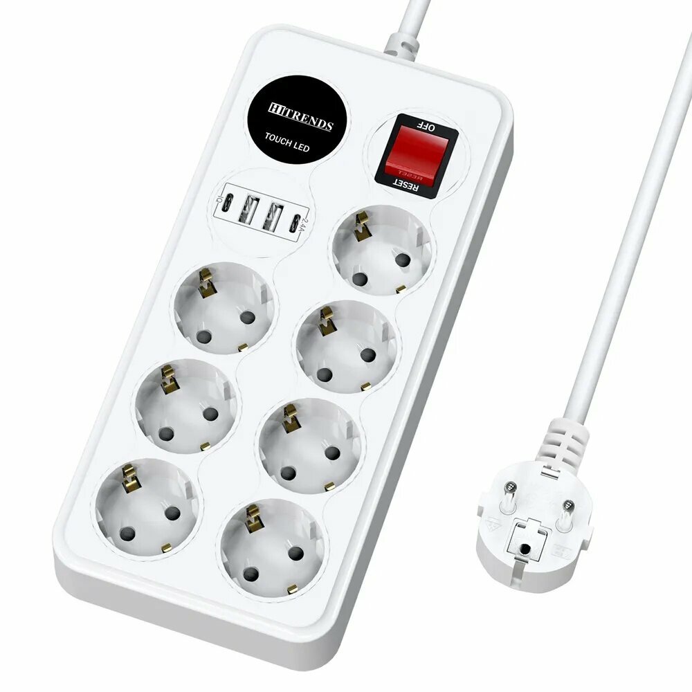 HITRENDS Евророзетка сетевая 5 в 1: 5 AC, 2 USB, 2 Type-C, выключатель, белый, 2 метра