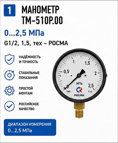 Манометр ТМ-510Р.00 (0.2,5МРа) G1/2.1.5 тех - росма