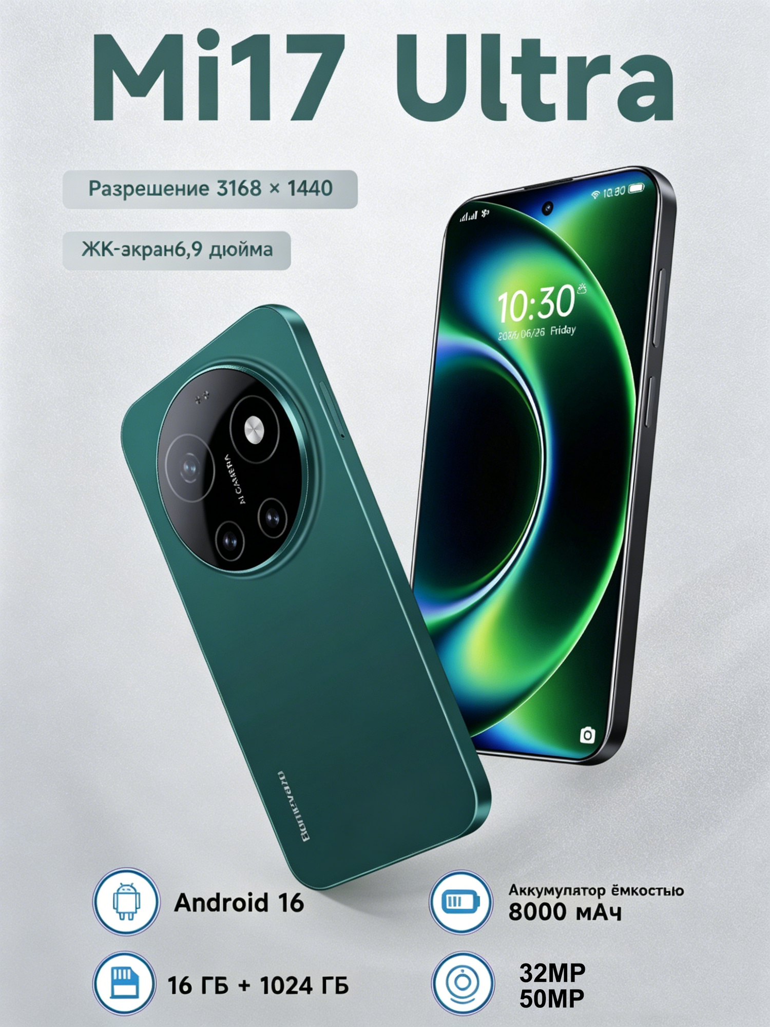 Смартфон Galaxy Mi17 Ultra 16 ГБ + 1024 ГБ, 8000 мАч, для игр, Bluetooth, 5G, LTE
