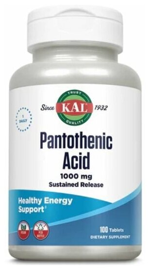 KAL Pantothenic Acid 1000 mg Sustained Release (Пантотеновая Кислота 1000 мг) 100 таблеток (KAL)