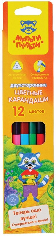 Карандаши цветные двусторонние Мульти-Пульти "Енот в тропиках", 12цв, 6шт, трехгран, заточ, картон, 240226