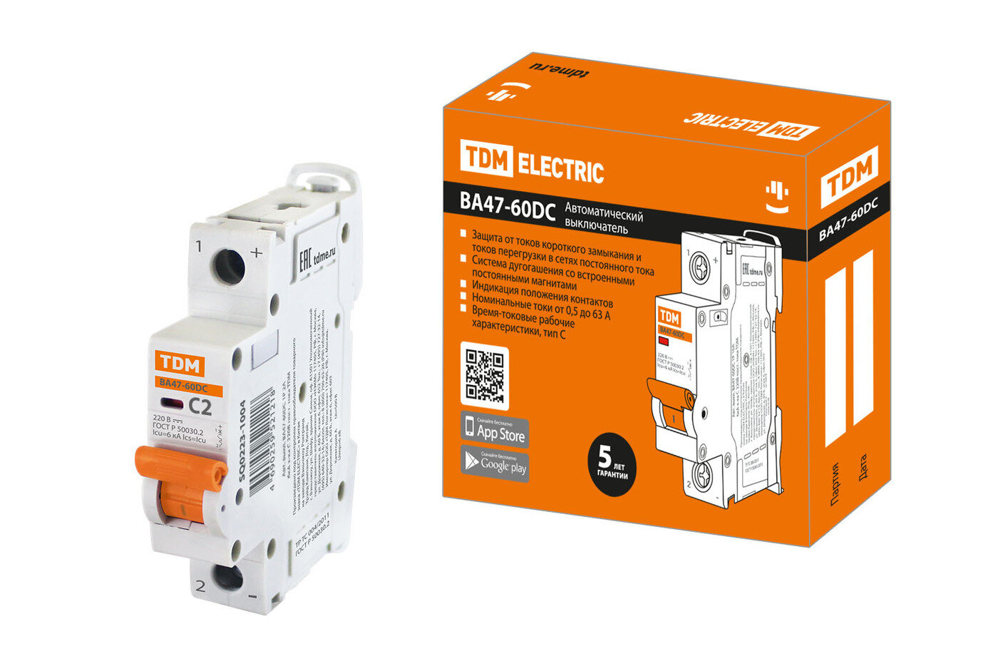 Автоматический выключатель ВА47-60DC 1P 2А 6 кА тип С 220В пост. то кА TDM Electric