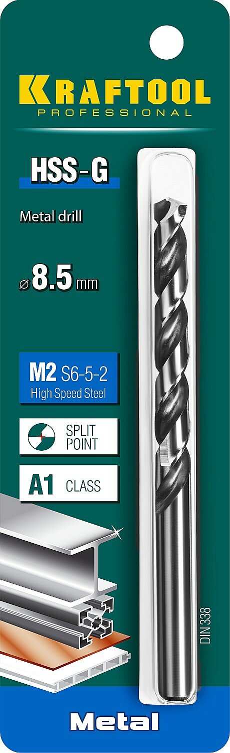 Сверло по металлу KRAFTOOL HSS-G, 8.5 х 117 мм, сталь P6M5, высококачественное качество