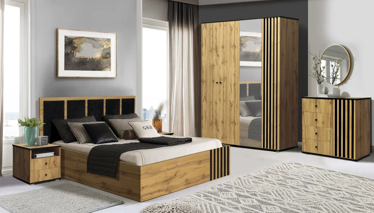 Спальня Олимп Либерти 20 мм. комплектация 1 (51.15+51.17+51.17+51.05+51.19 с ортопед. осн.) Дуб вотан, Черный