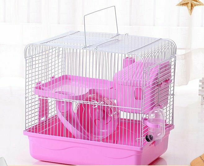 Teddy Village Клетка для хомяков 2 уровня с домиком, поилкой , миской , беговым колесом, цвет розовый, 31*24*29cm