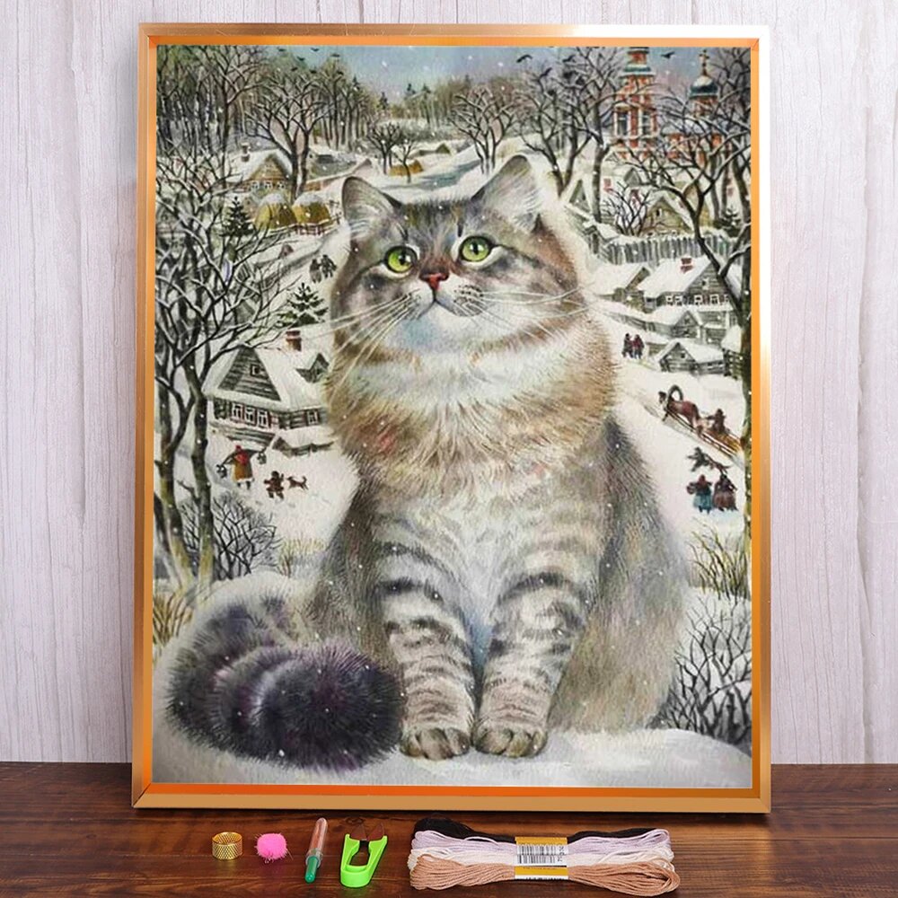Набор для вышивки крестиком "Толстый кот в зимнем пейзаже", 30x40см, 14CT