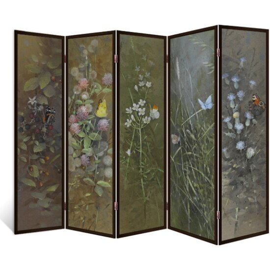 Ширма перегородка Декор Депо для комнаты деревянная "Дары лета" двухсторонняя с картинкой (цветы) 5 створок венге 176х230 см 18 кг