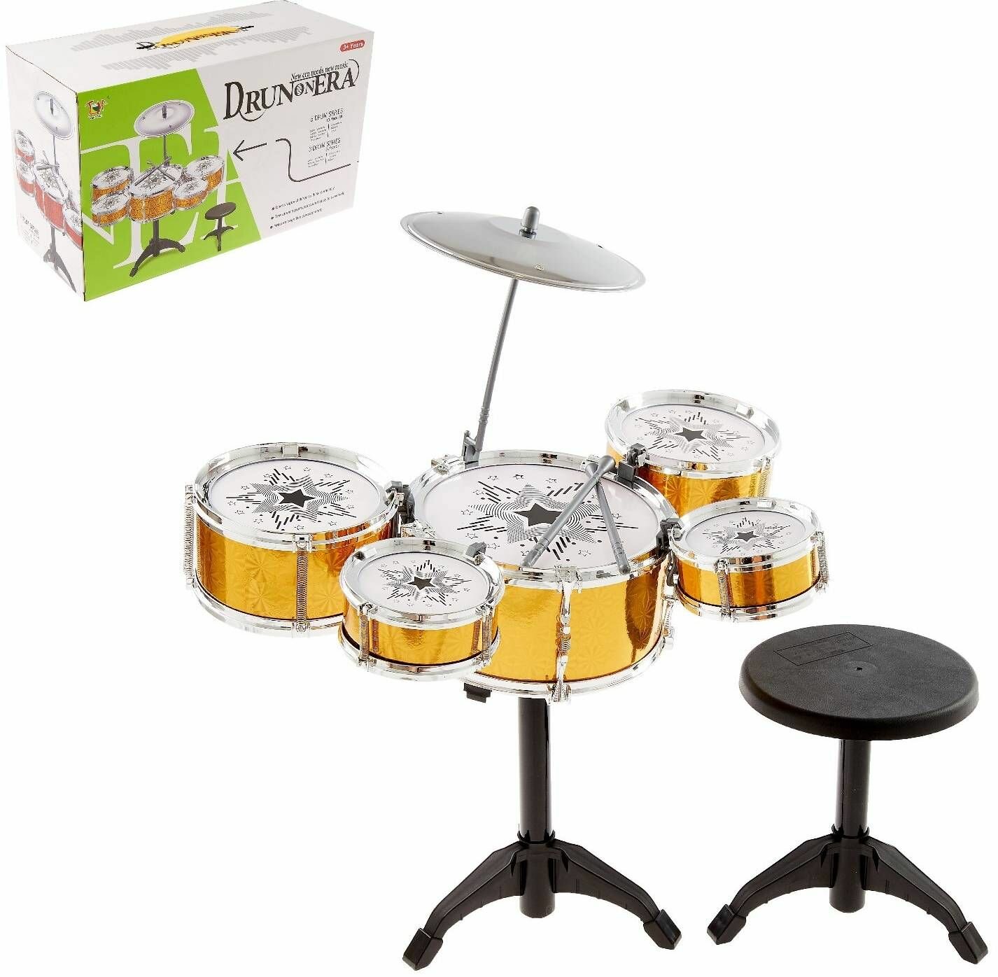 Барабанная установка "Золотое время", ударный музыкальный инструмент для детей, игрушка на развитие слухового восприятия и чувства ритма, в комплекте: 5 барабанов, 2 палочки, тарелка, стульчик