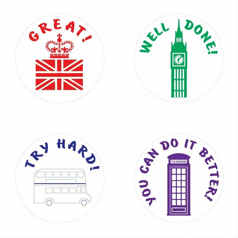 Комплект полуавтоматических печатей для школы «Английский язык», 4 цветных печати, ручная оснастка с кнопкой, д.24 мм, Тип-14