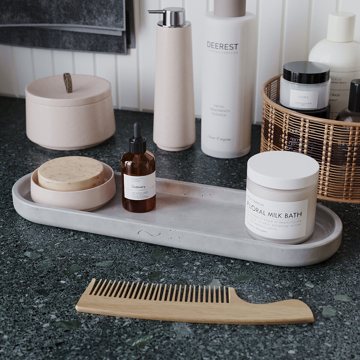 Декоративный поднос для ванной, подставка для косметики Astrid M, 36x11см, бетон, серый глянцевый