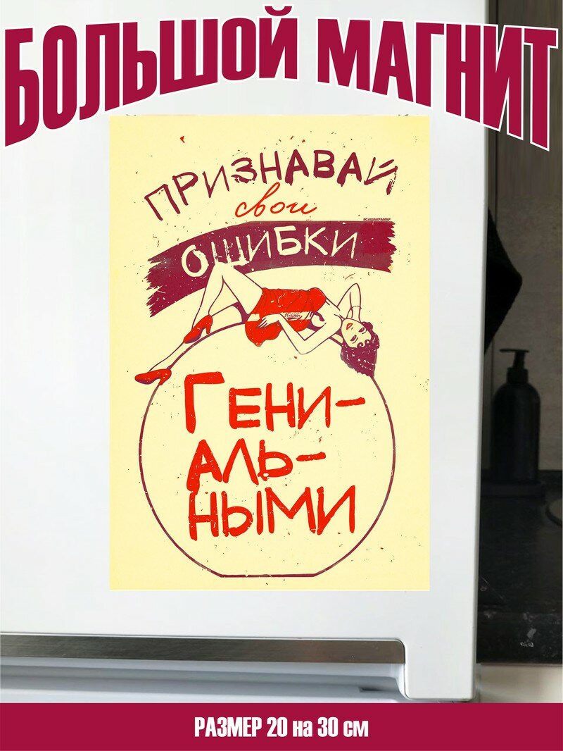 Прикольный подарок, признавай свои ошибки гениальными мотивация магнит гибкий на холодильник 20 на 30 см