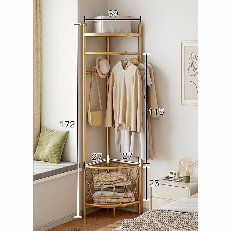 Напольная вешалка-рейл с полкой и корзиной для одежды и обуви, металлическая, веерообразная, 172 см, золотая, черная, белая