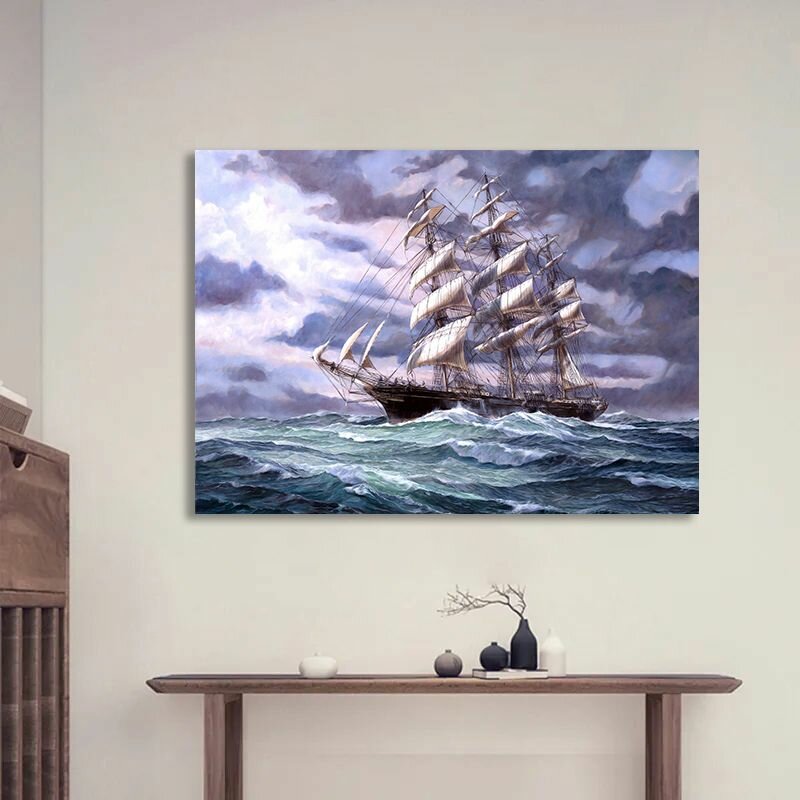 Картина "Парусник в море", холст, подрамник, печать, дерево, 40x60 см