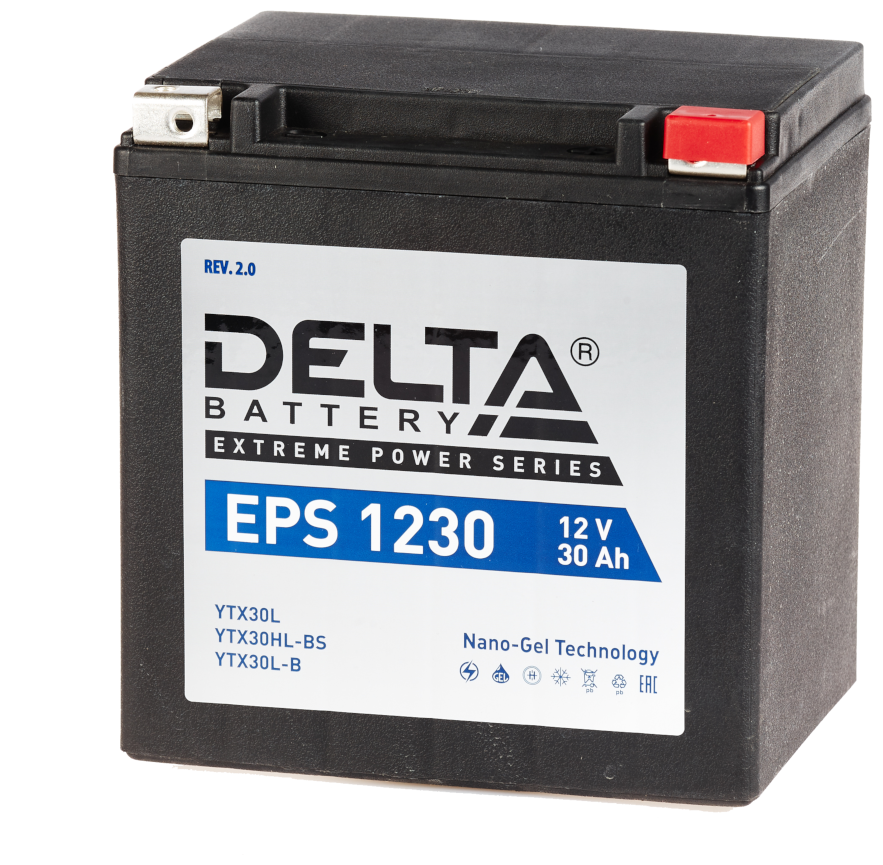 Аккумулятор мотоциклетный Delta EPS 1230 (YTX30HL-BS, YTX30L-B, YTX30L) 12V 30Ah Nano-Gel (залит и готов к применению)