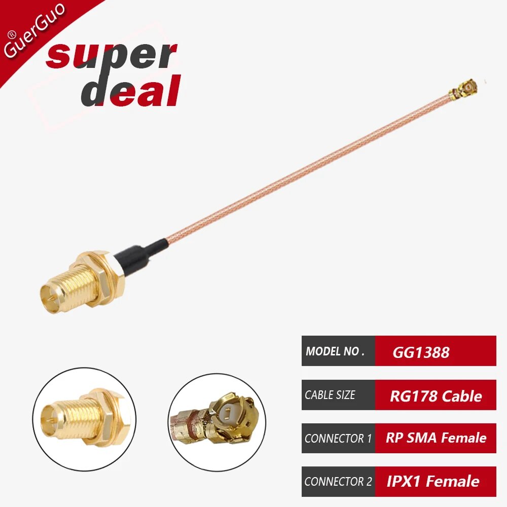 RG178/1,13 мм кабель SMA «мама» с косичкой RP SMA «мама» на U.FL MHF «мама» GuerGuo 5CM, RP SMA F to IPEX1 F