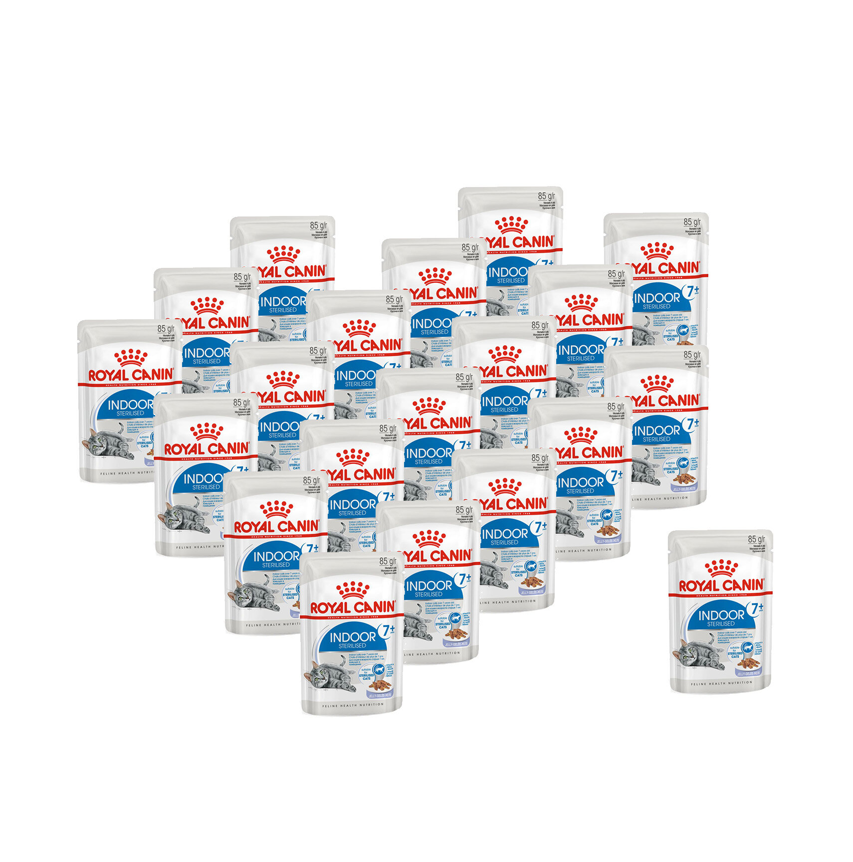 Royal Canin Корм Индор Стерилайзд 7+ консервированный полнорационный для кошек старше 7 лет, живущих в помещении, кусочки в желе, 0.085 кг х 20 шт.