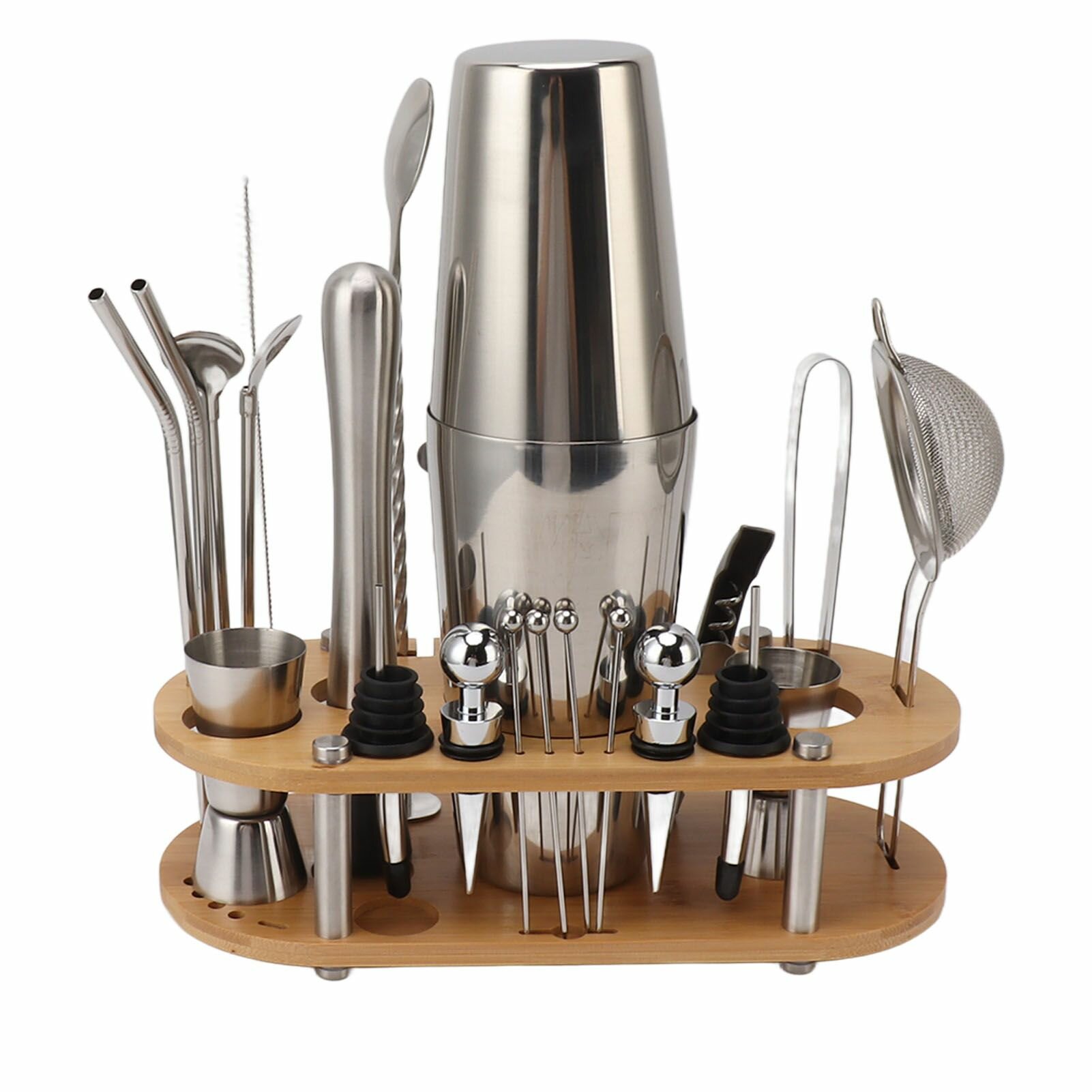 Комплект шейкеров для коктейлей из нержавеющей стали с бамбуковым стендом, полный набор аксессуаров для вечеринок и баров