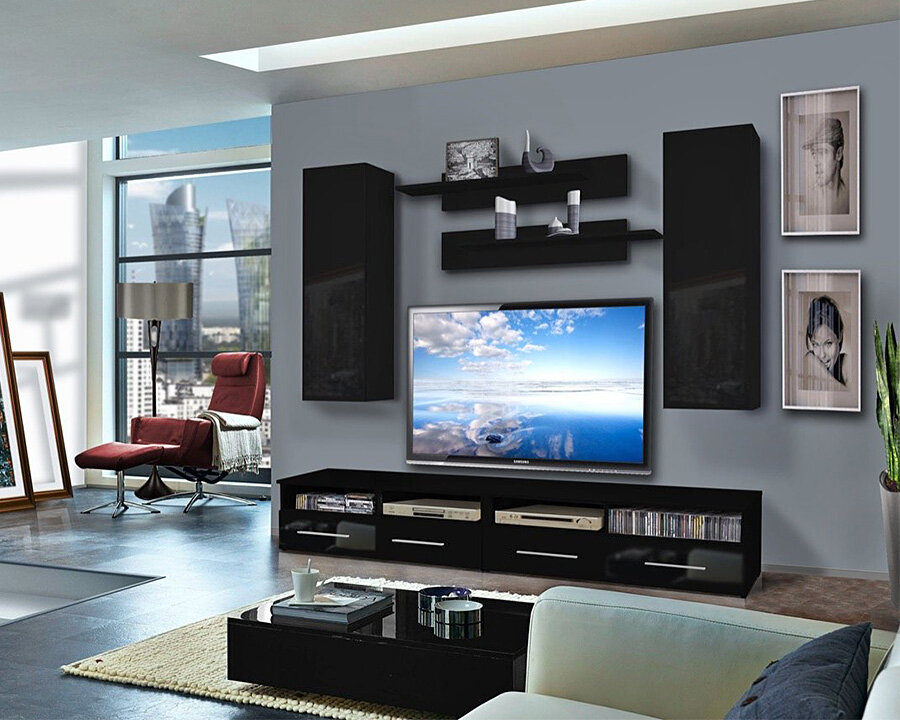 Гостиная 28 МДФ Черный DM089-6Т (глянец) / Черный 0190 PE NOW 240x45x170 см, черный, ченый фасадный Фиеста