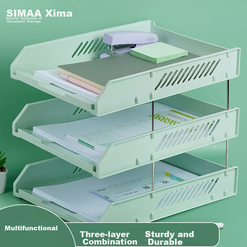 SIMAA Morandi Three-Tier Hollow Storage File Organizer, Detachable And Assemblable Three-Layer File Tray/file Holder/file Rack, Office Supplies, Matcha Green 6356