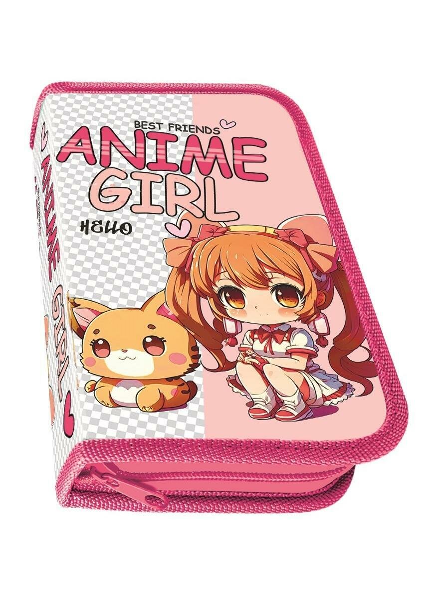 Пенал "Anime girl 2024", 19x11.5см, розовый, дизайн с котиком и надписью BEST FRIENDS