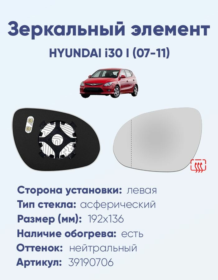 Зеркальный элемент левый HYUNDAI i30 I (07-11) асферика нейтральный с обогревом