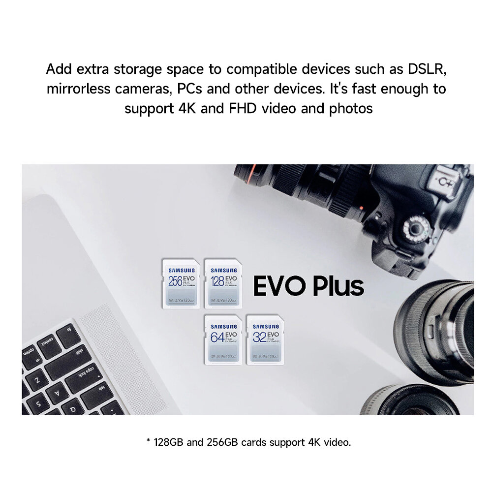 Карта памяти SAMSUNG 256GB EVO Plus SD U3 V30 со скоростью передачи до 130 МБ/с для цифровых фотоапп