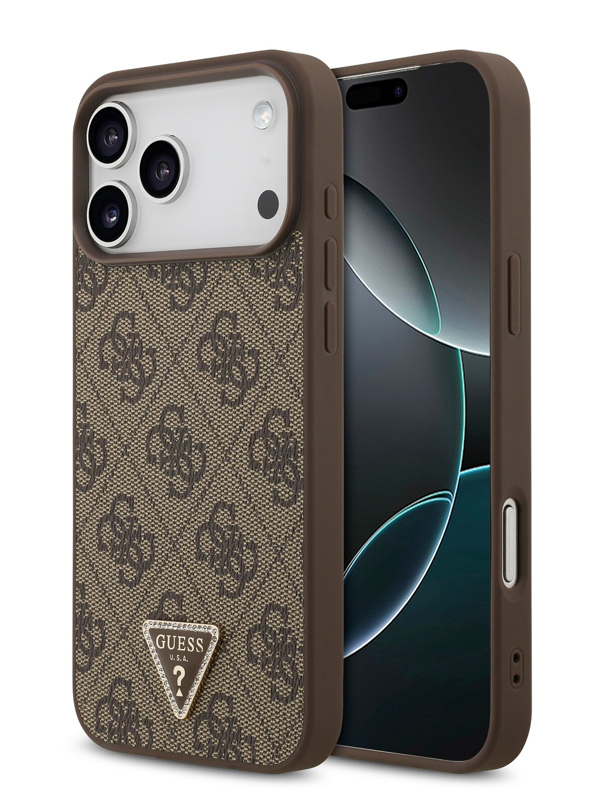 Guess чехол с MagSafe для iPhone 17 Pro Max, PU кожа 4G Triangle Diamond metal logo, коричневый