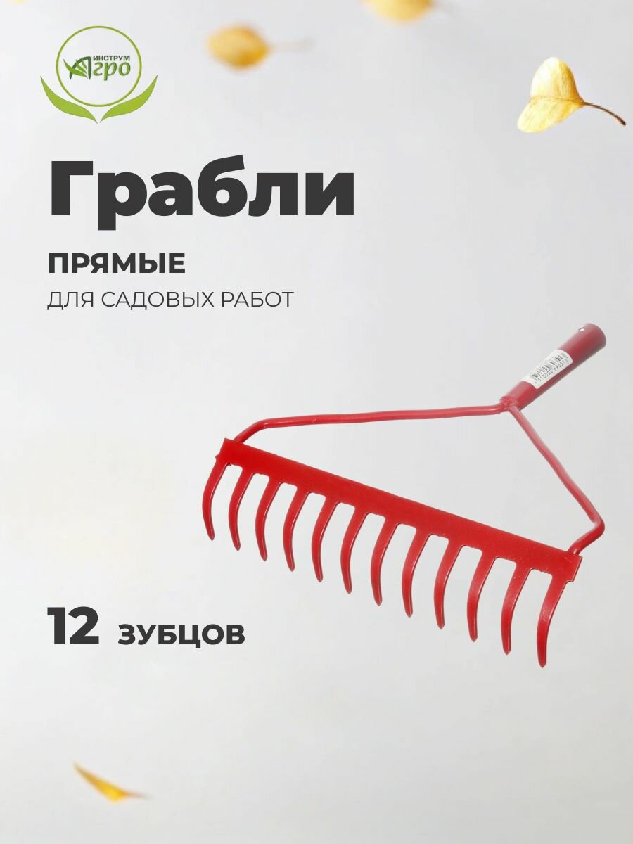Грабли садовые прямые металл 12 зубцов, без черенка, Инструм-Агро