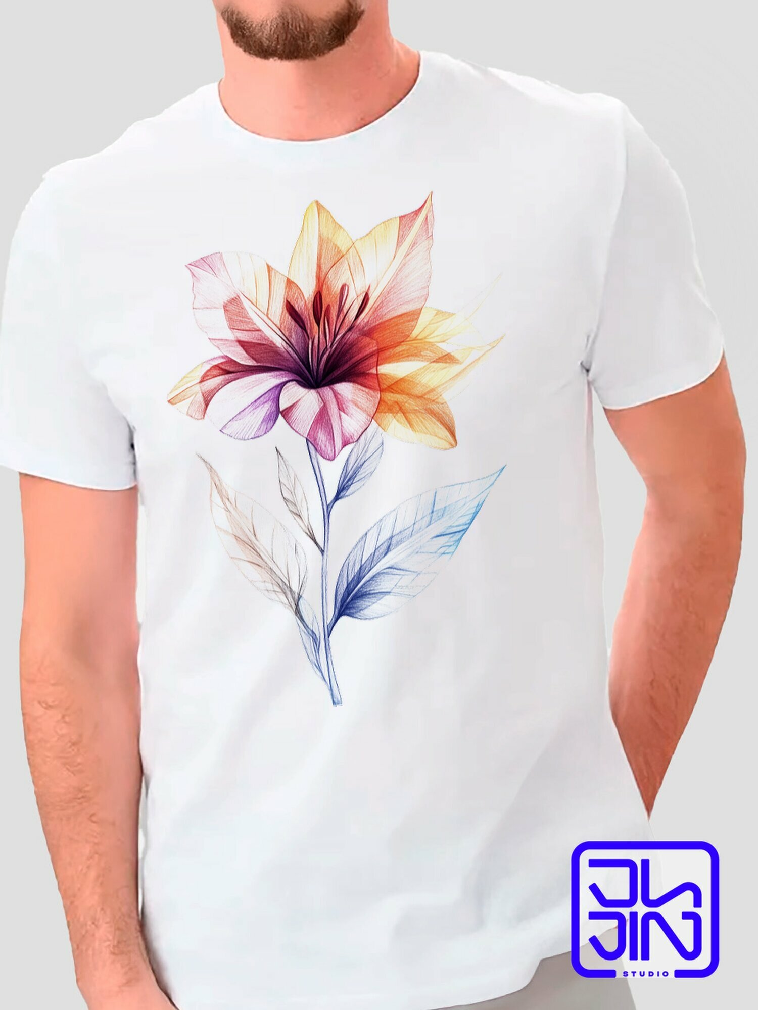 Футболка классическая мужская с авторским принтом Пестрая разноцветная лилия с яркими цветочными лепестками, дизайнерская природа, белый хлопковый трикотаж с прикольным рисунком на груди