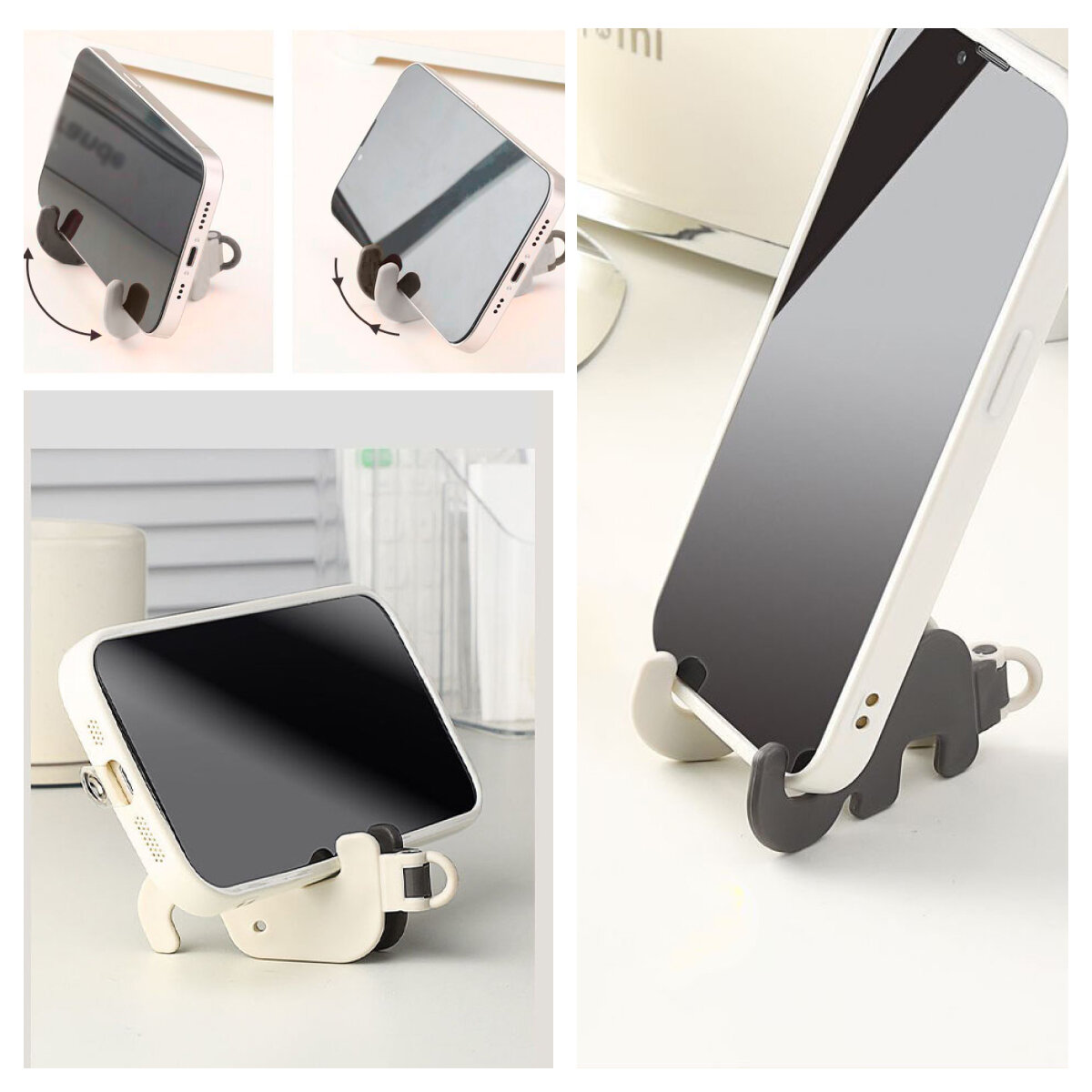 Держатель телефона Слоник DC, 2 слота, настольная подставка для смартфонов, как брелок, с регулировкой, белый-серый