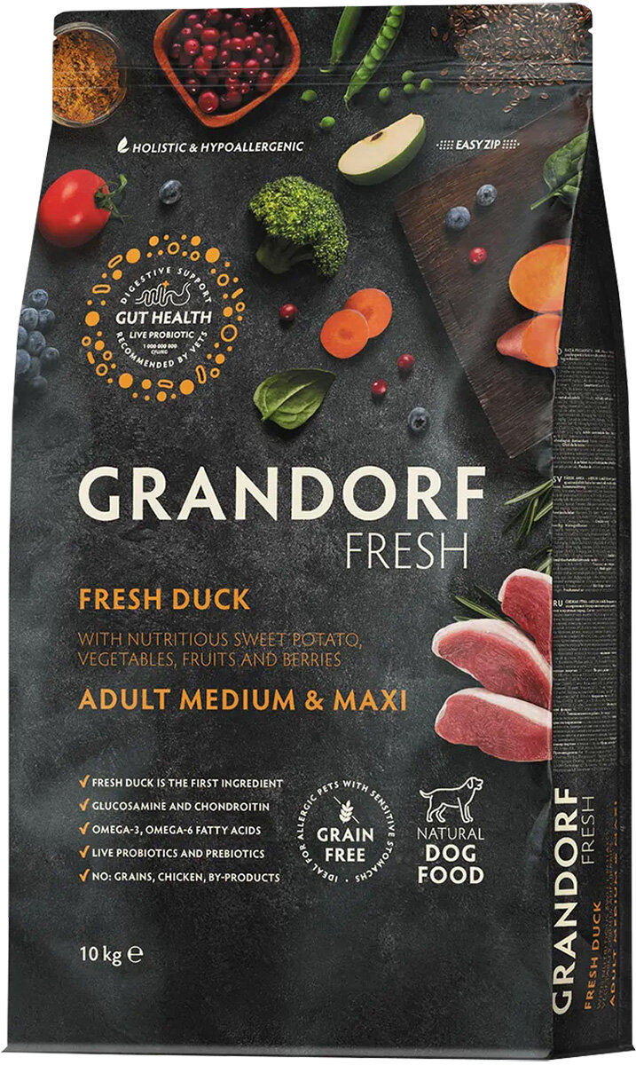 Корм сухой Grandorf Fresh Grain Free Dog Adult Medium & Maxi Duck & Sweet Potato беззерновой для взрослых собак средних и крупных пород, утка, батат, 10 кг