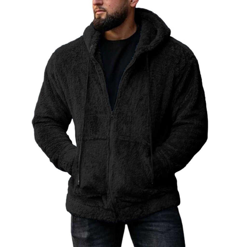 Мужская толстовка с капюшоном из зимней шерсти с длинными рукавами на молнии, куртка с капюшоном-черный-XXL
