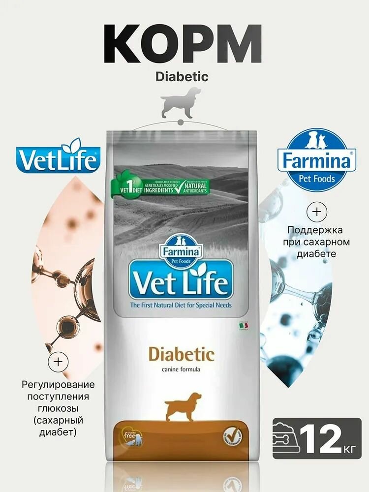 Сухой корм для собак Farmina Vet Life Diabetic, при сахарном диабете 12 кг