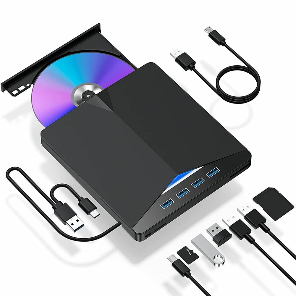 Внешний USB 3.0 и Type-C привод для чтения и записи CD и DVD, 7-в-1, совместимый с Windows, macOS, Linux