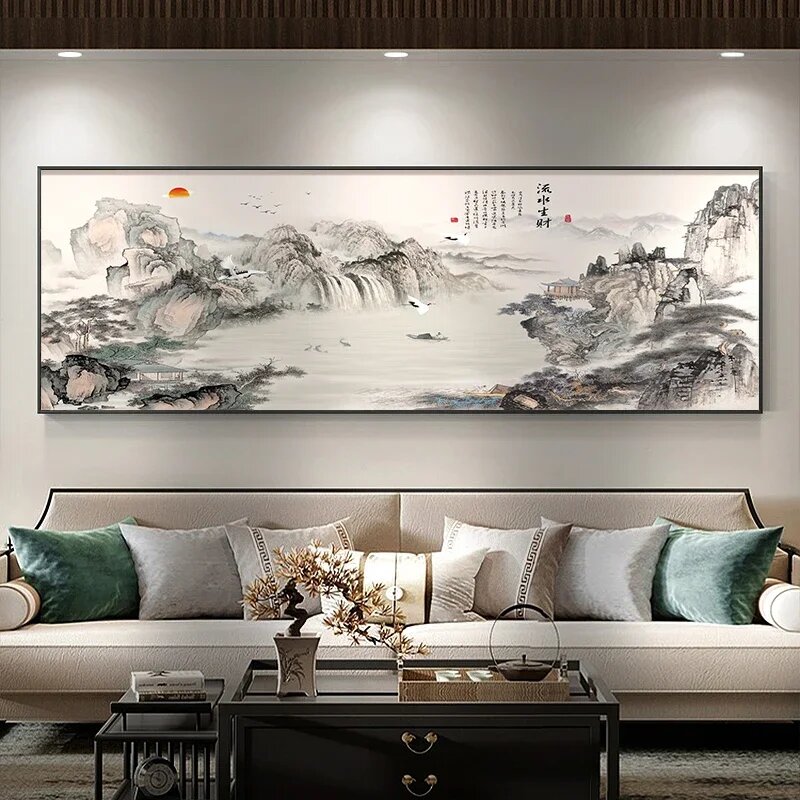 Китайский стиль пейзаж картина на холсте 011, 60x180cm Unframed