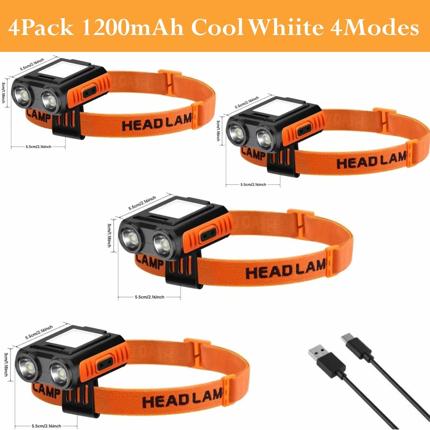 4 шт. Супер яркий Перезаряжаемый фонарь 1200 мАч, Водонепроницаемый Безопасность фонарик с датчиком движения, 4 режимов освещения, Используется для пешего туризма, бега с регулируемой яркостью цвета