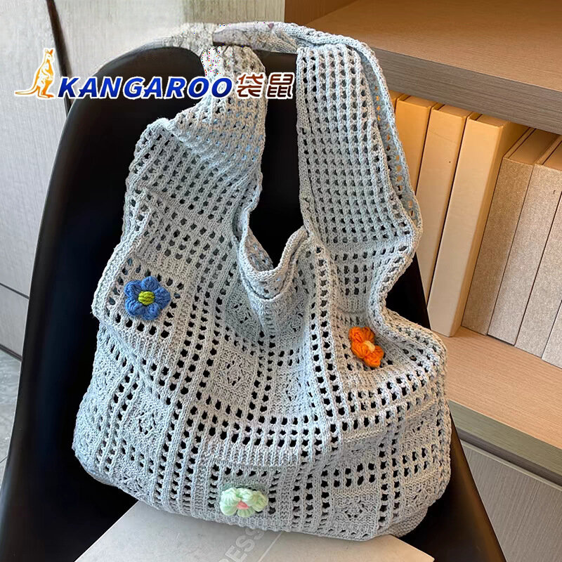 Вязаная сумка для женщин, большая вместимость, новый нишевый дизайн, летняя ажурная сумка через плечо, текстурированная модная сумка-ведро