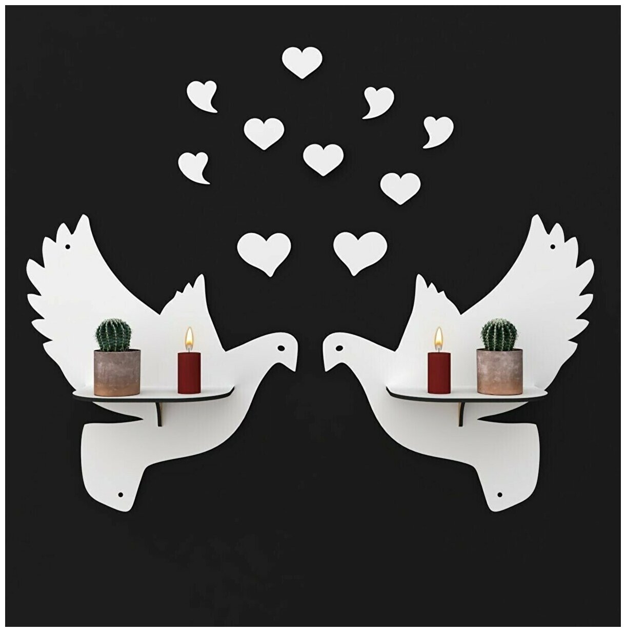 Маленькая декоративная настенная полочка для мелочей "Любовь и голуби", набор 2 шт, панно, декор на стену