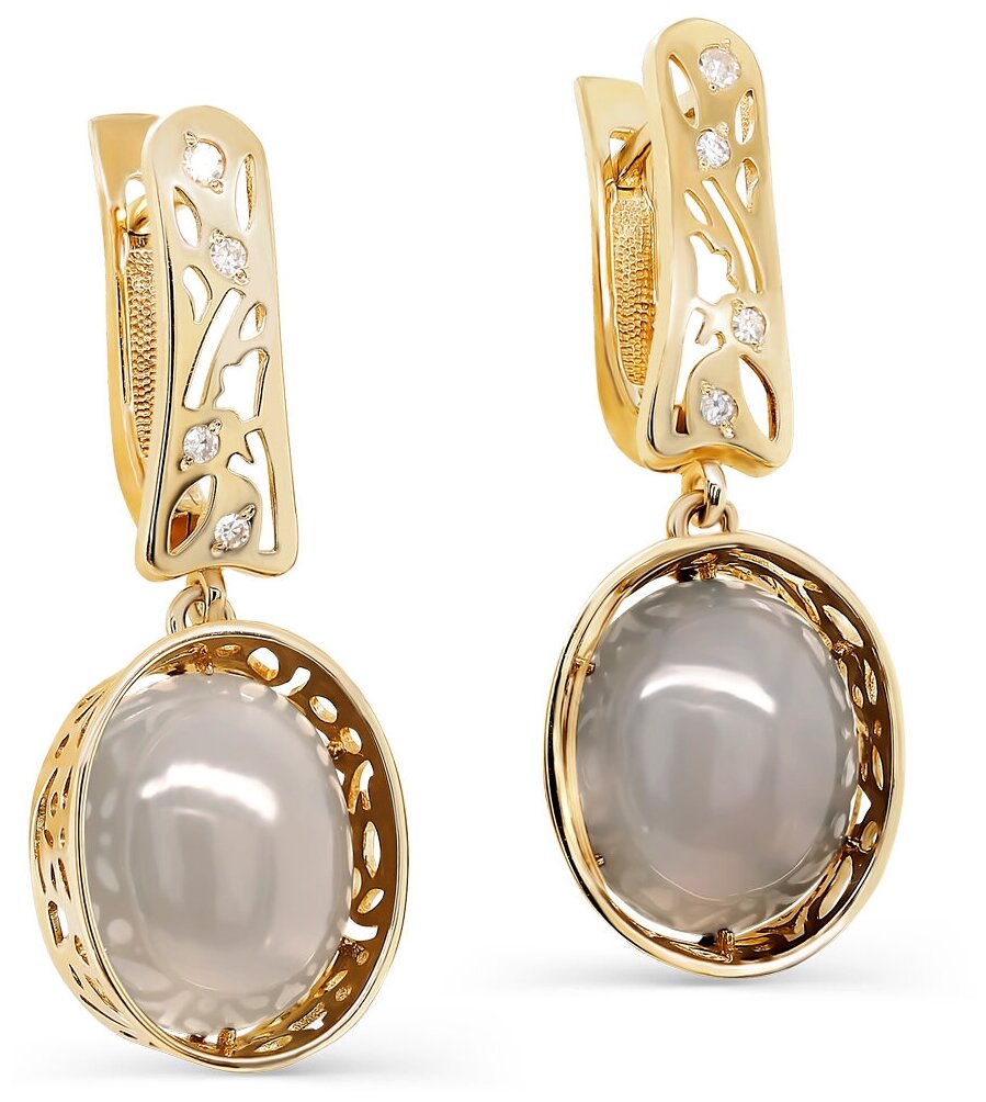 Серьги, желтое золото, 585 проба, лунный камень, бриллиант