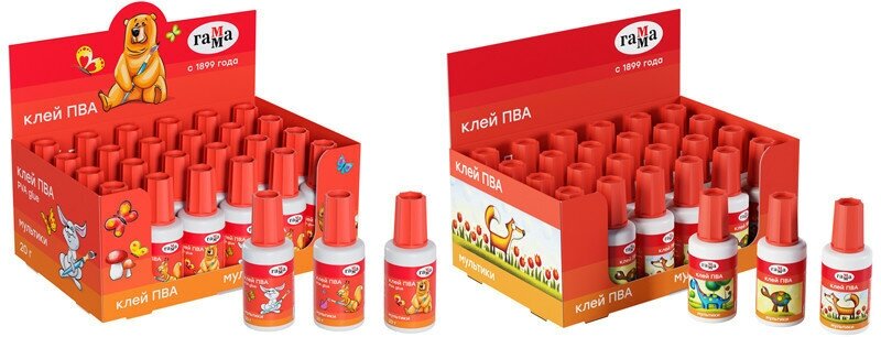 Клей ПВА с кисточкой Гамма "Мультики", 20г, 24 штук, 306184